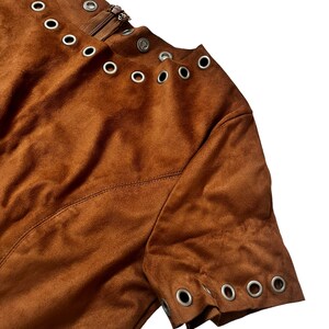 Womens Vintage Brown Eyelet Metal 60s 70s Style Mini Dress Faux Suede ...