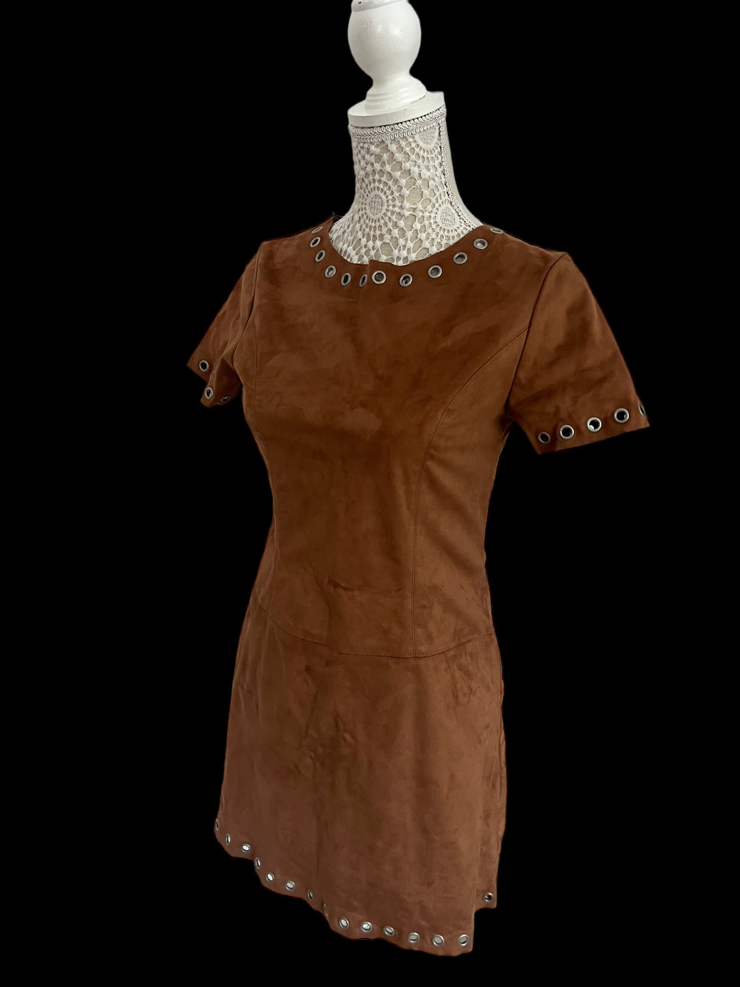 Womens Vintage Brown Eyelet Metal 60s 70s Style Mini Dress Faux Suede ...