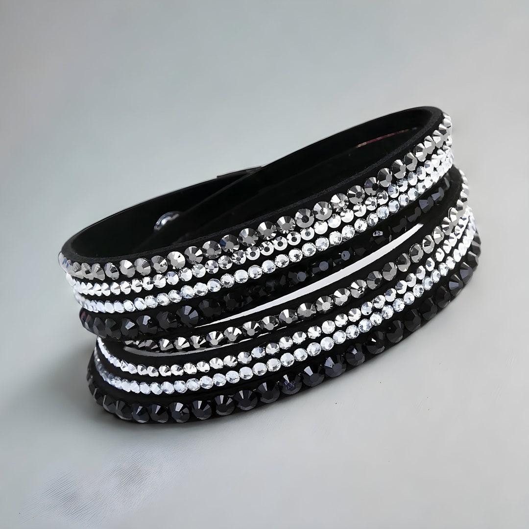 Black Double Wrap Slake Bracelet Made With Swarovski Elements on Faux ...