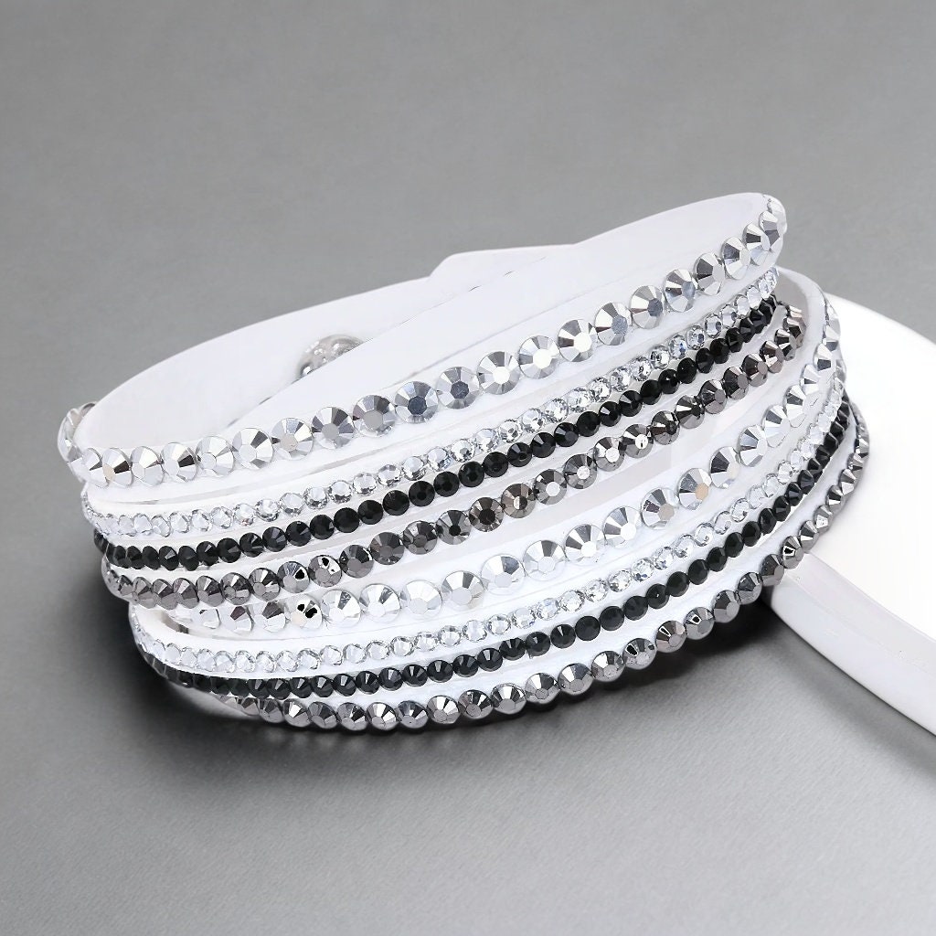 White Double Wrap Slake Bracelet Made With Swarovski Elements on Faux ...