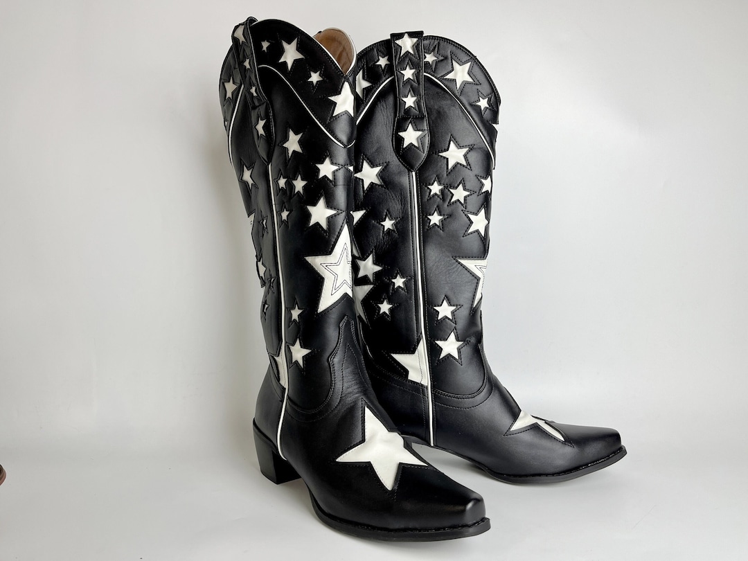 Black Cowboy Boots Star Embroiderd Cowgirl Boots Festival - Etsy