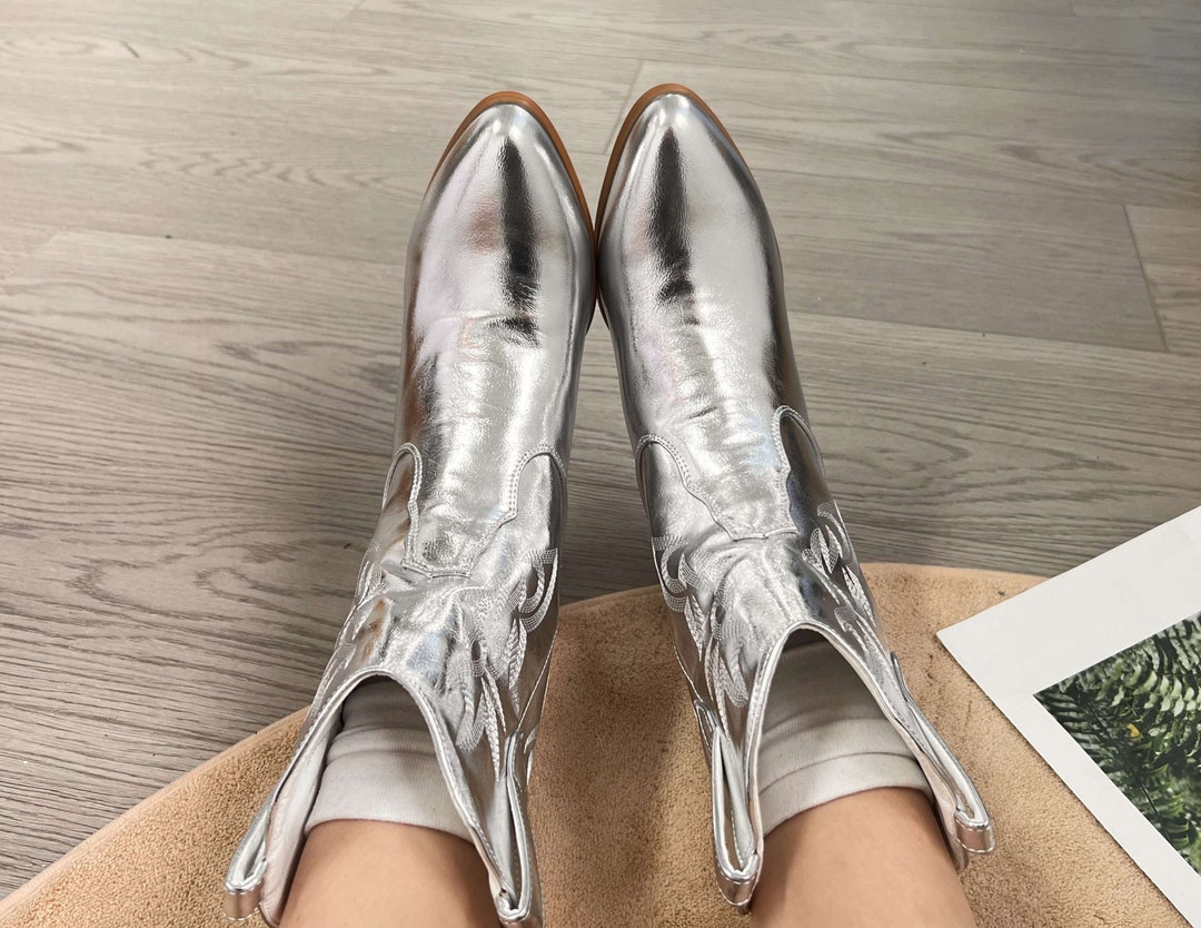 Silver Cowboy Ankle Boots Women Embroider Cowgirl Boots - Etsy