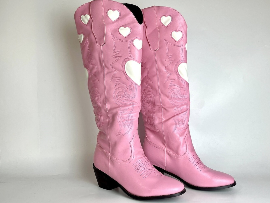 Pink Cowboy Boots White Heart Cowgirl Boots Vintage Cowboy - Etsy