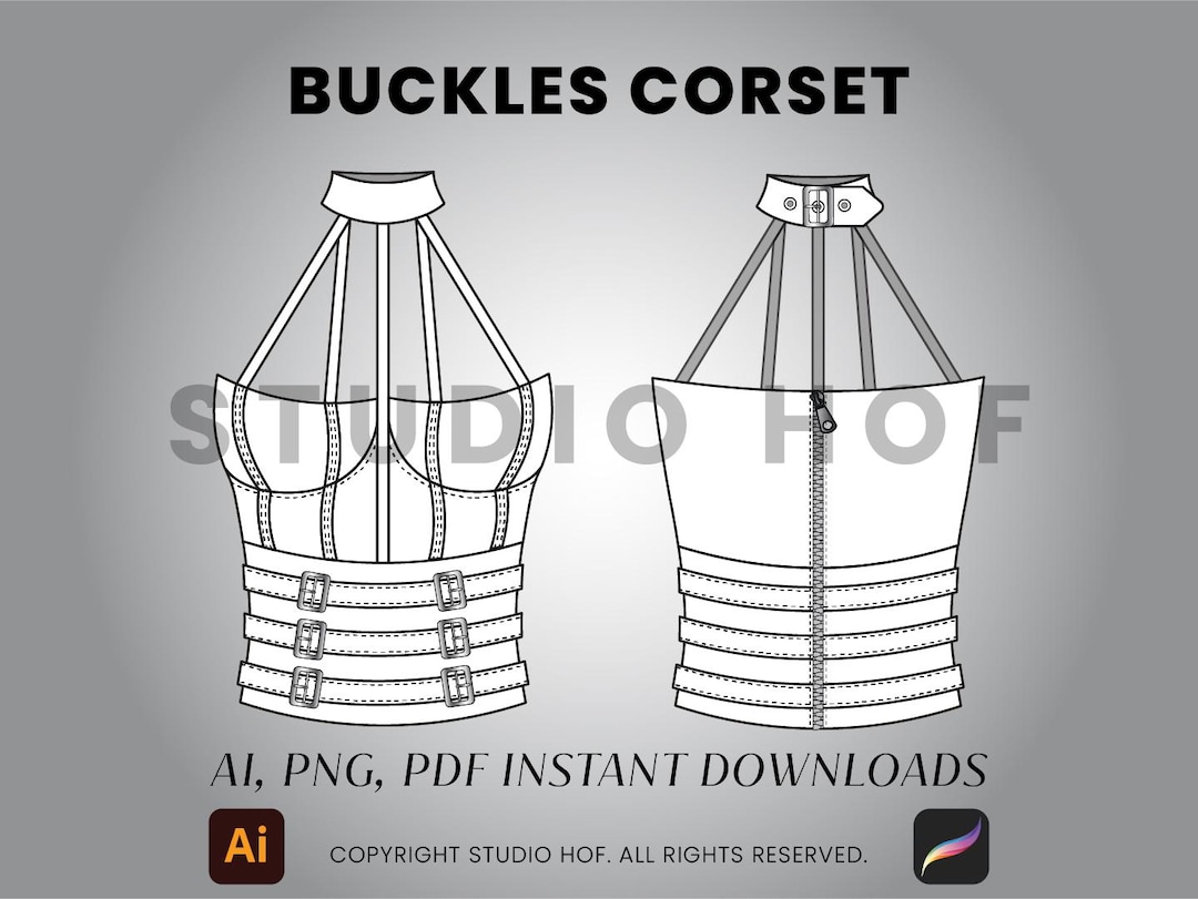 BUCKLES CORSET - Illustrator and Procreate .ai, .png and .pdf Fashion Cad, Fashion Flat Sketch ...