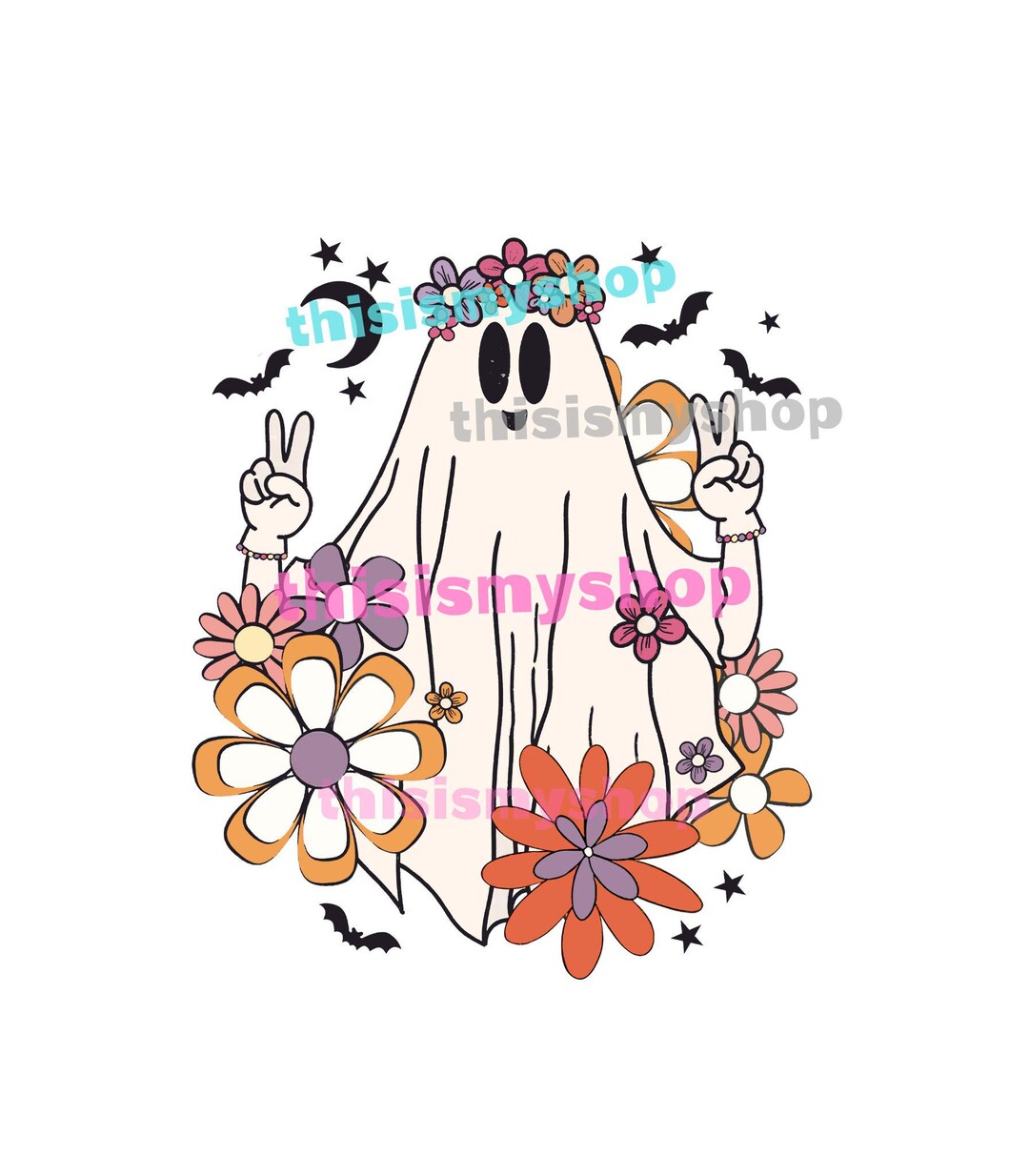 Retro Ghost Peace Sign PNG: Floral Halloween Clipart (digital Download ...