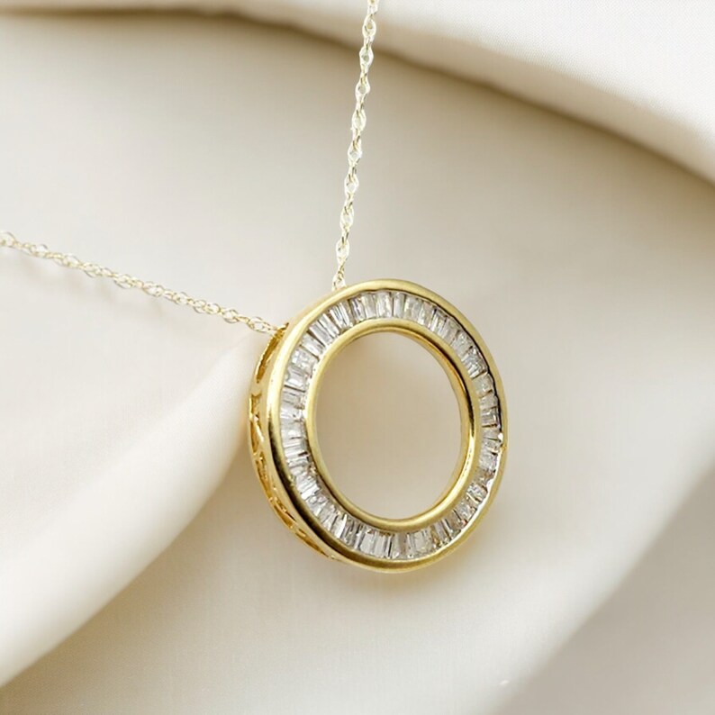 Round Shape Baguette Cut Bezel Set Moissanite Life Pendent 10K Yellow ...