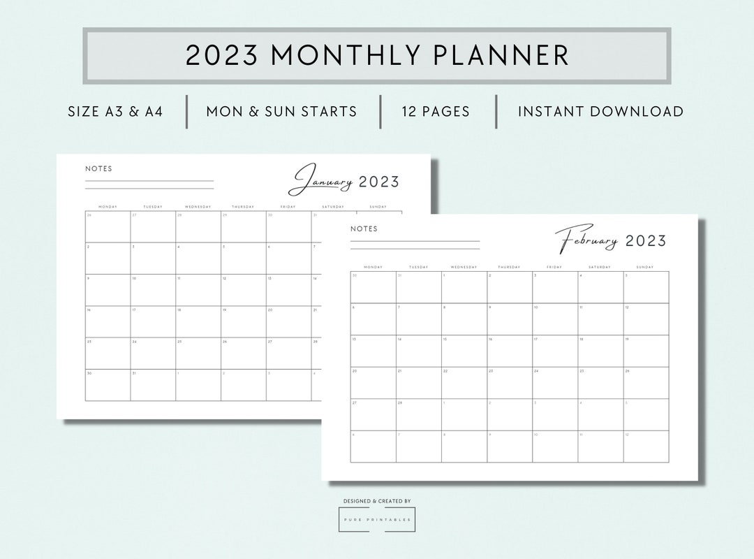2023 Monthly Calendar 2023 Planner Sunday / Monday Start - Etsy