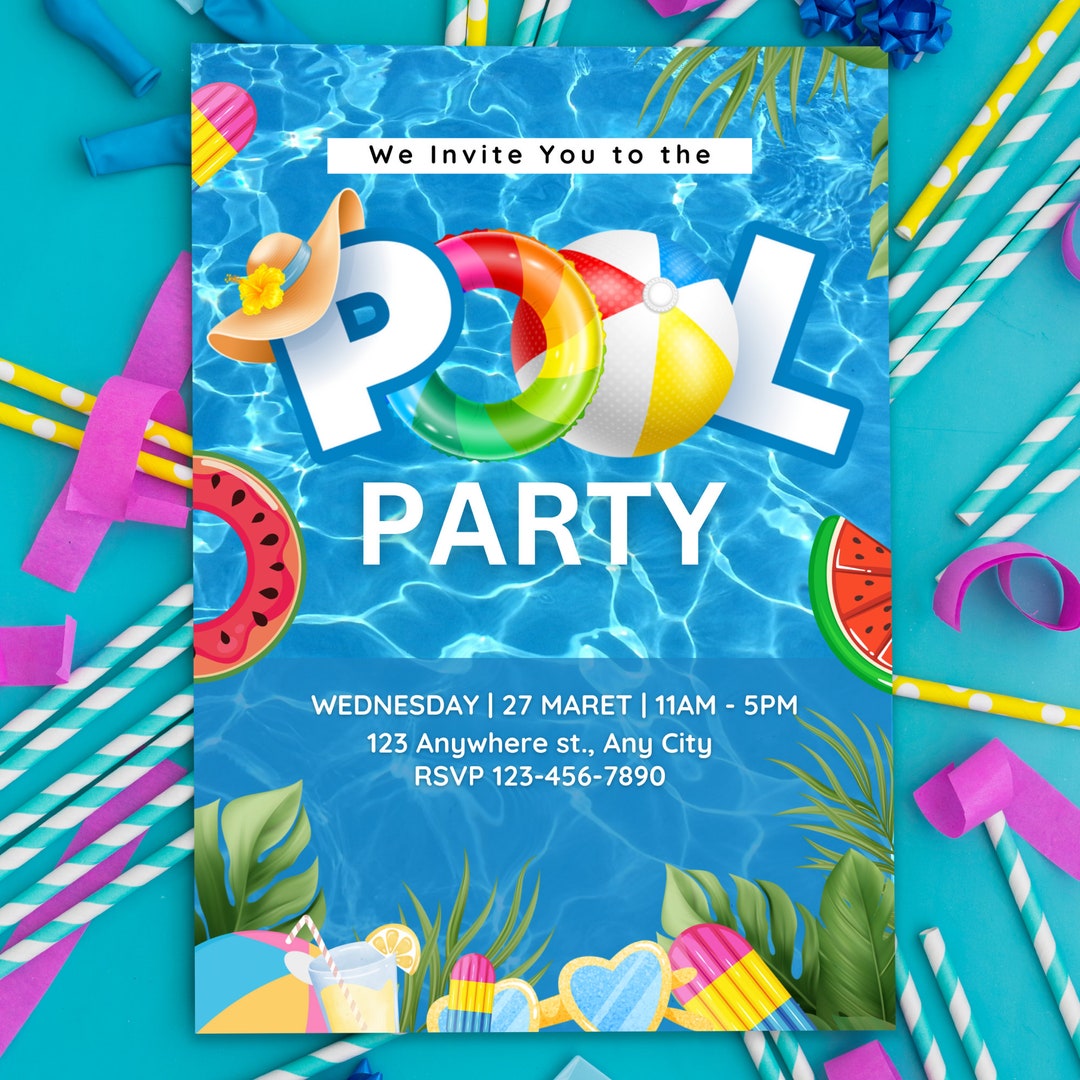 Editable Pool Party Invitation Template Summer Party Invite Fun Beach ...