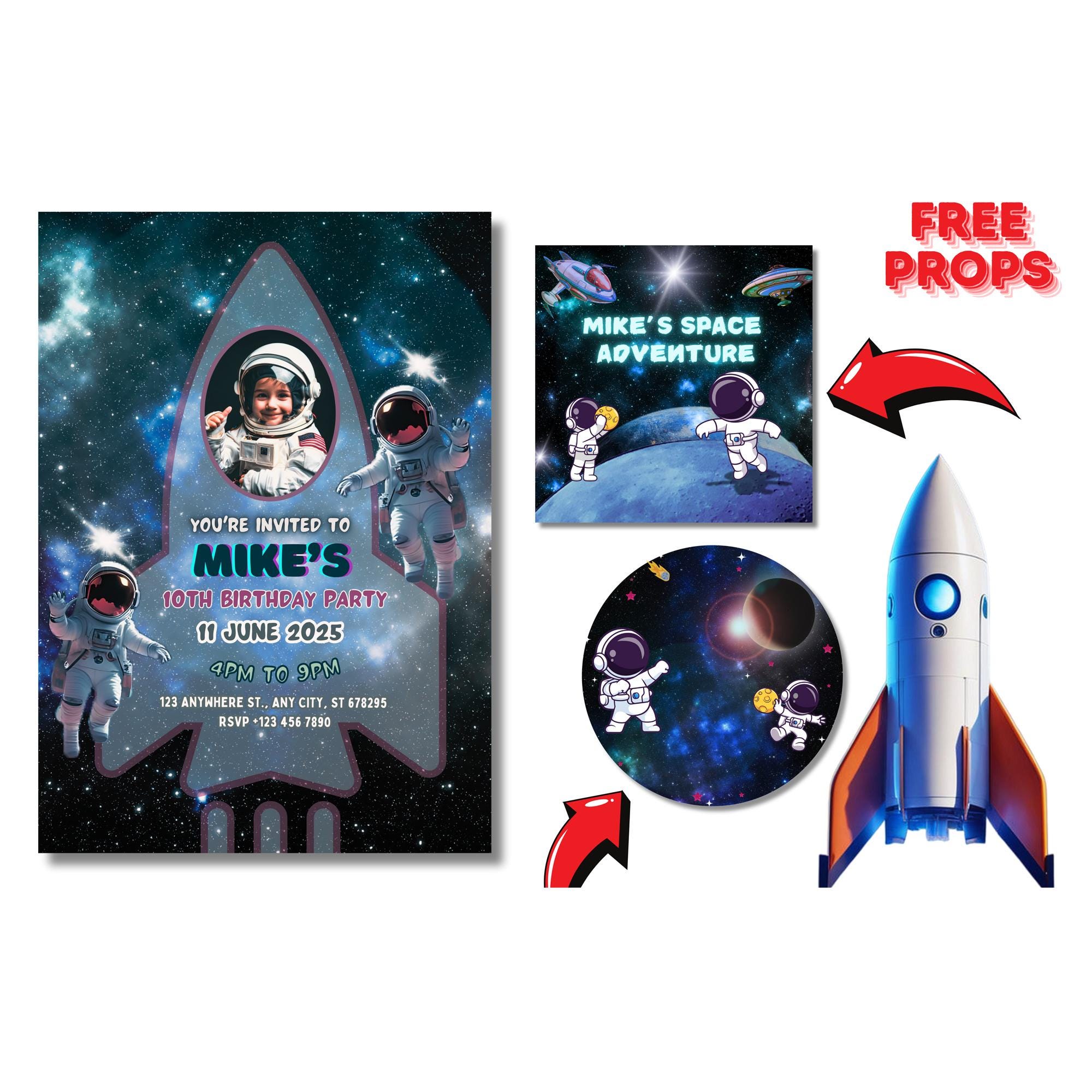 Editable Outer Space Birthday Invitation Template Astronaut Rocket Ship ...