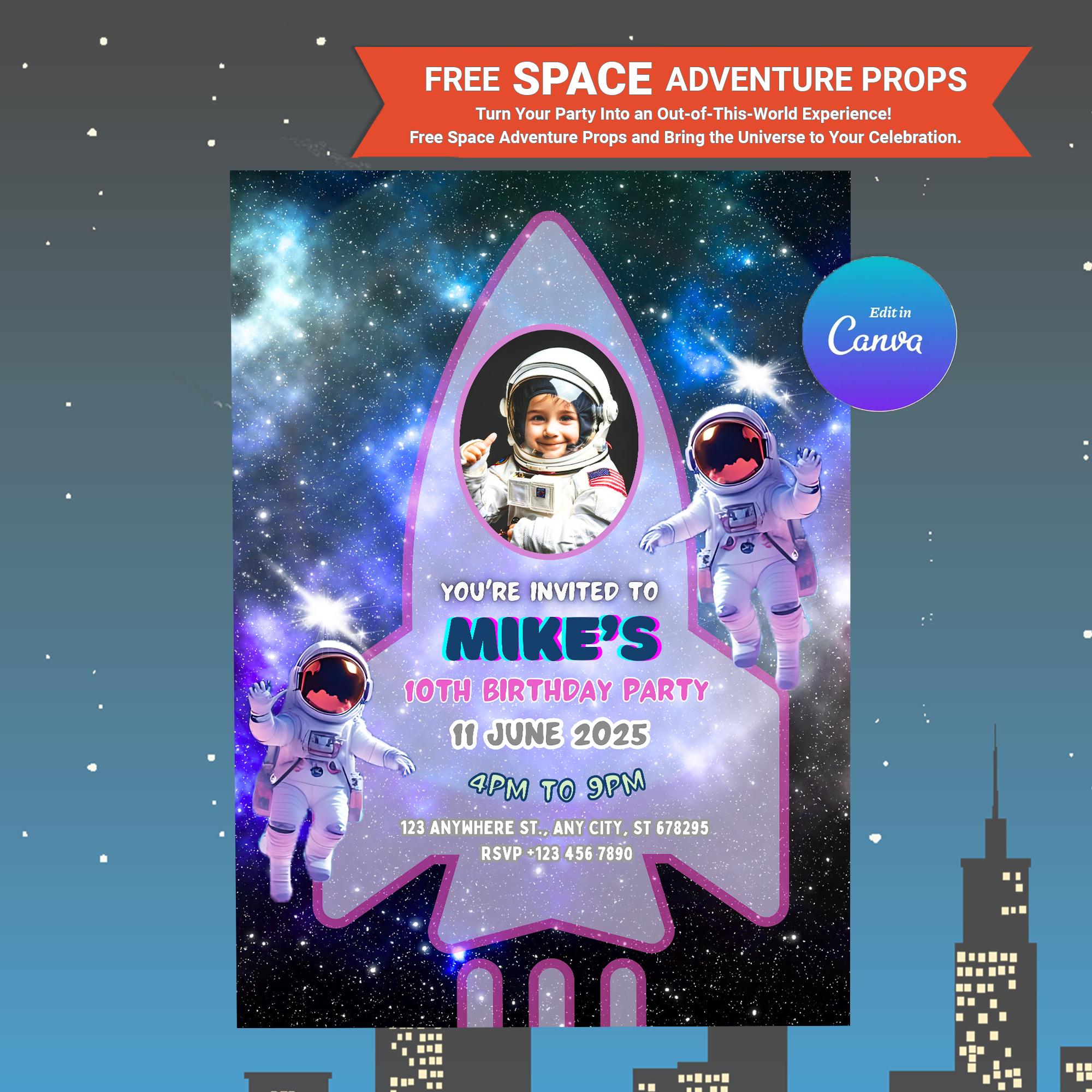 Editable Outer Space Birthday Invitation Template Astronaut Rocket Ship ...