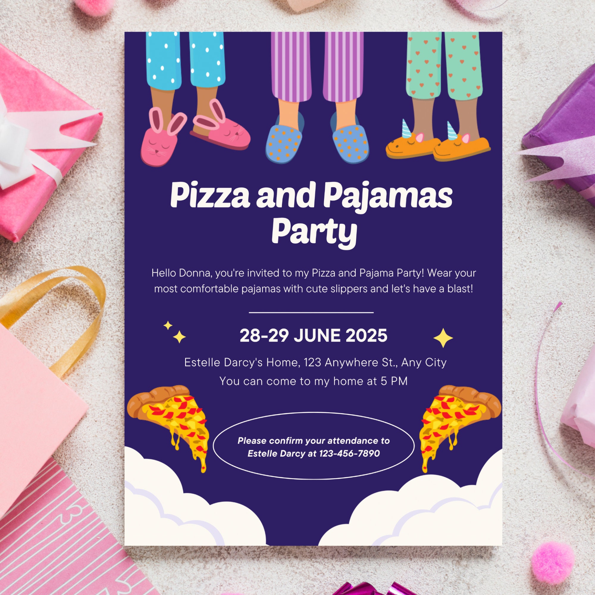 Editable Pajamas Party Birthday Invitation Pizza Birthday Invite Pink