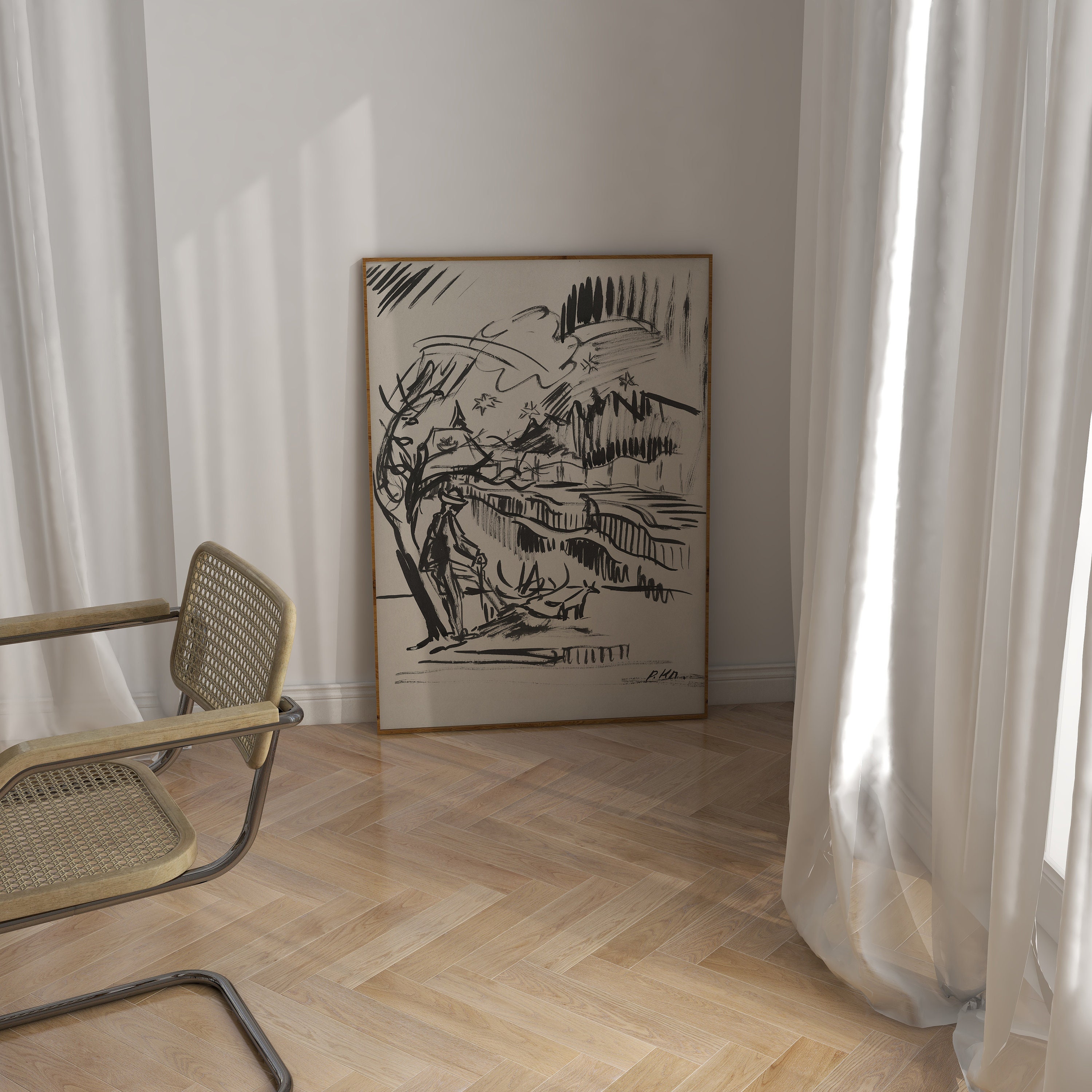 Mid Century Modern Sketch Print, Antique Sketch Downloadable Art Print ...