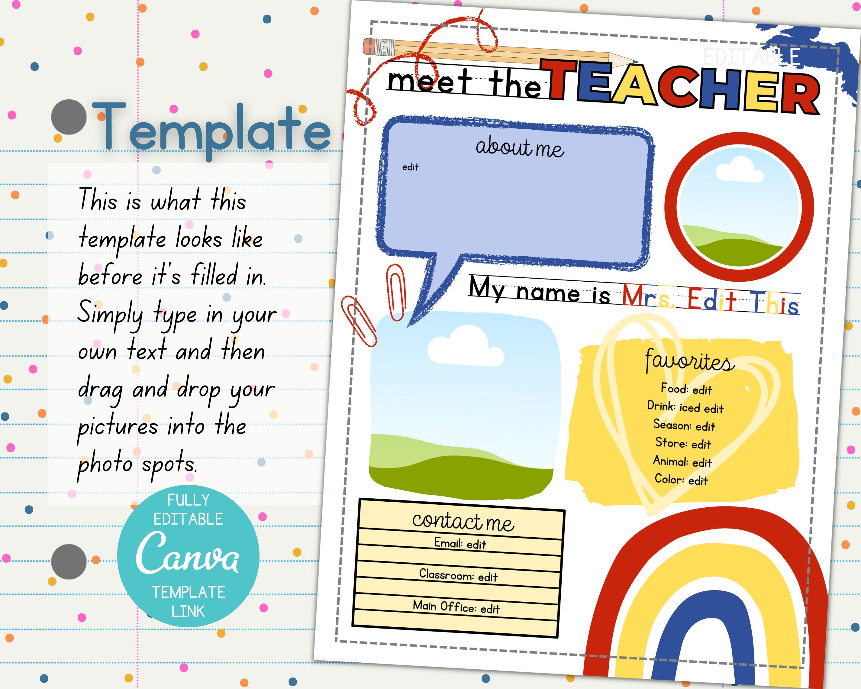 Primary Colors Meet the Teacher Handout, Fully Editable Canva Template ...