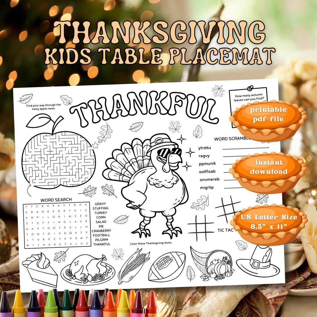 Thanksgiving Holiday Dinner, Kids Table Placemat Activity Sheet ...