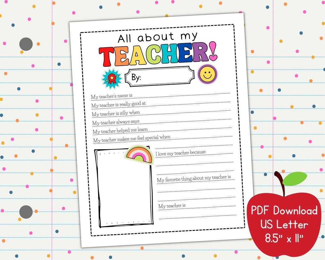 All About My Teacher, Teacher Appreciation Week Printable PDF, Instant ...