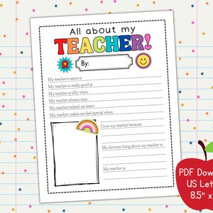 All About My Teacher, Teacher Appreciation Week Printable PDF, Instant ...