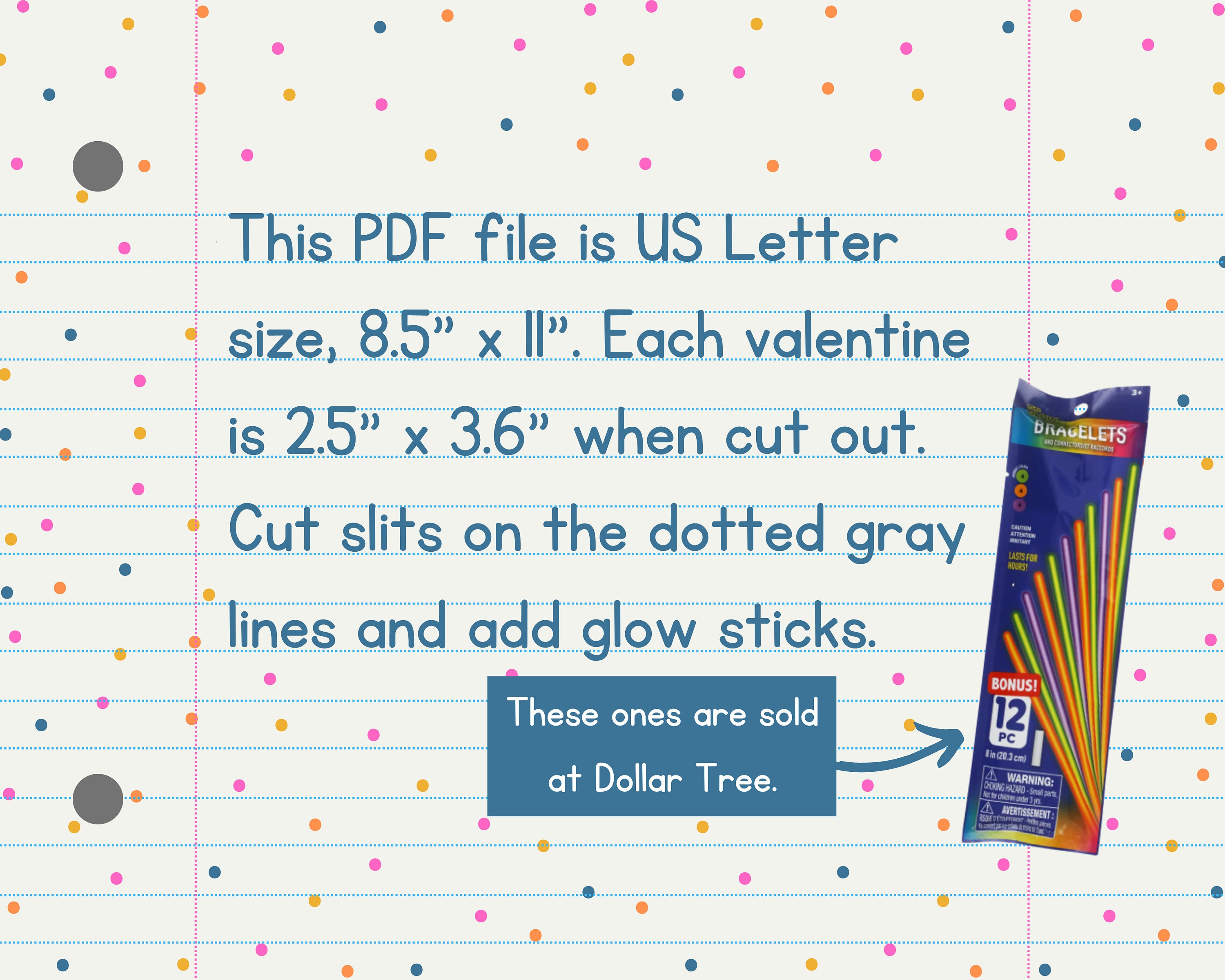Glow Stick Valentines, Printable PDF Valentine Cards, US Letter 8.5x11 ...