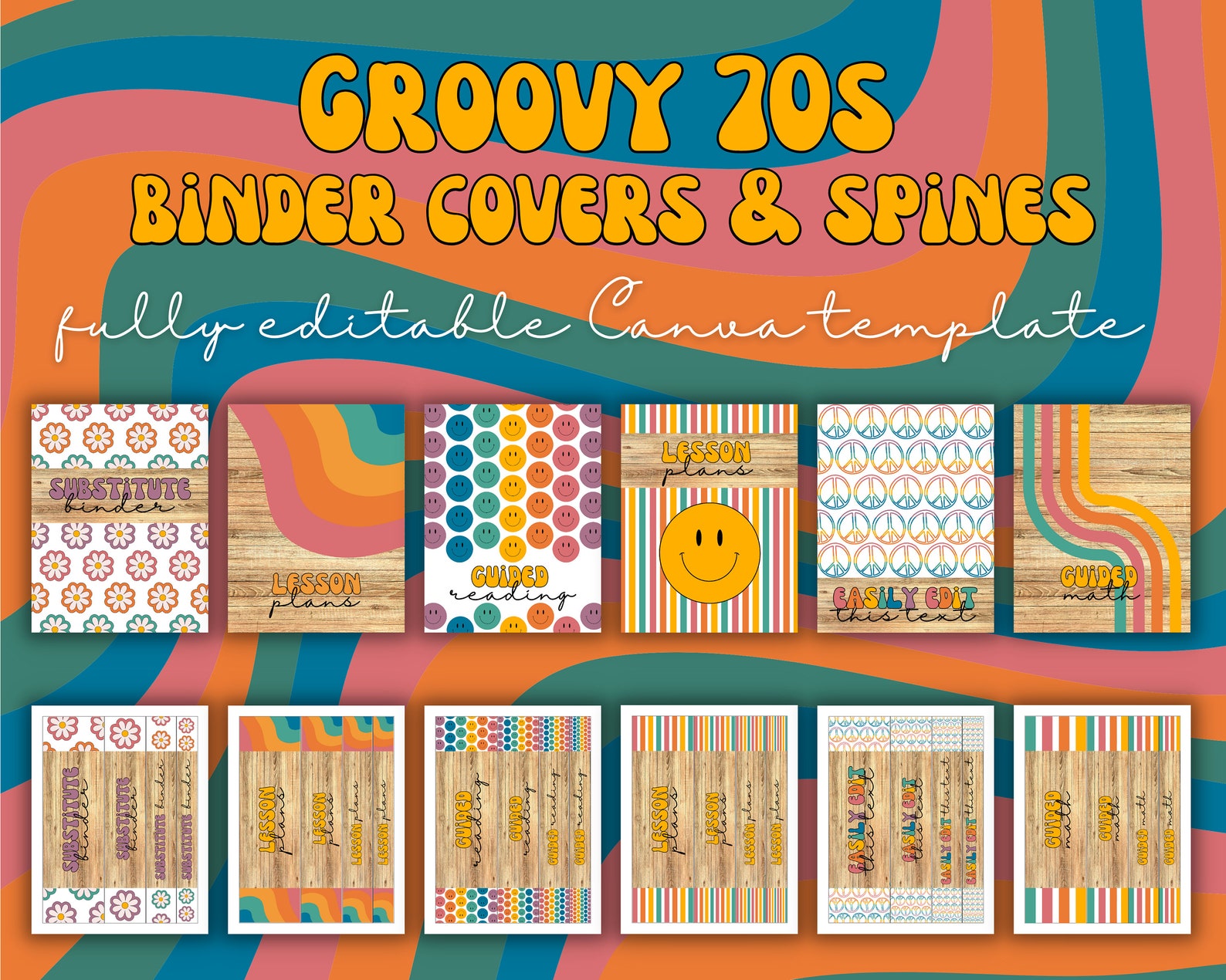 Groovy 70s Binder Covers & Spines, 6 Designs, Fully Editable Canva ...