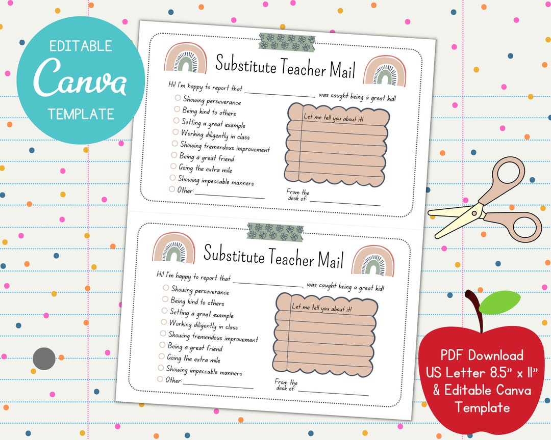 Substitute Teacher Mail Printable PDF, Editable Canva Template ...