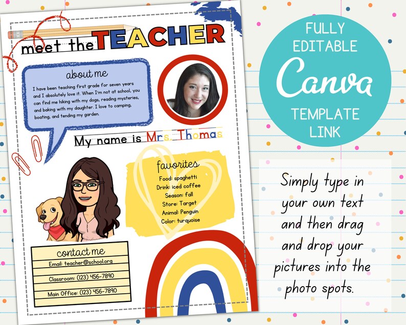 Primary Colors Meet the Teacher Handout Fully Editable Canva - Etsy
