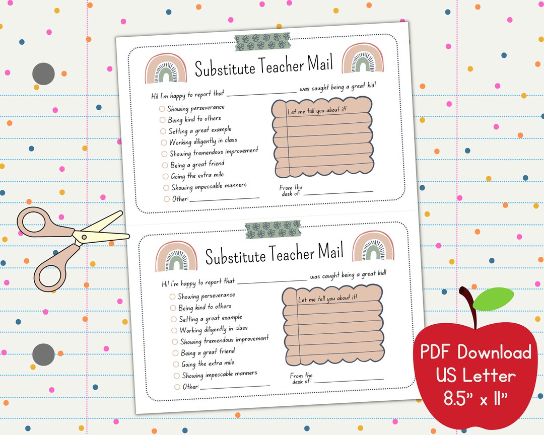Substitute Teacher Mail Printable PDF, Instant Download, Positive Note ...
