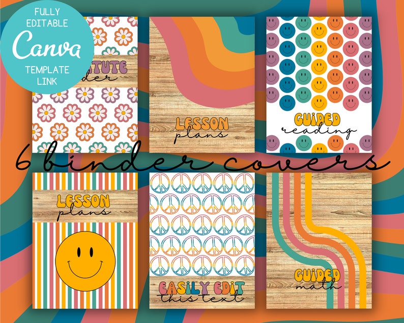 Groovy 70s Binder Covers & Spines, 6 Designs, Fully Editable Canva ...