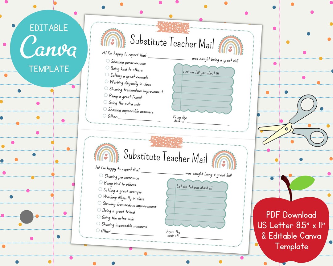 Substitute Teacher Mail Printable PDF, Editable Canva Template ...