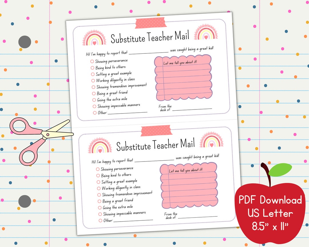 Substitute Teacher Mail Printable PDF, Instant Download, Positive Note ...
