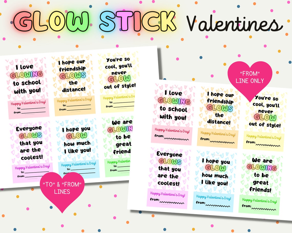 Glow Stick Valentines, Printable PDF Valentine Cards, US Letter 8.5x11 ...