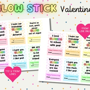 Glow Stick Valentines, Printable PDF Valentine Cards, US Letter 8.5x11 ...