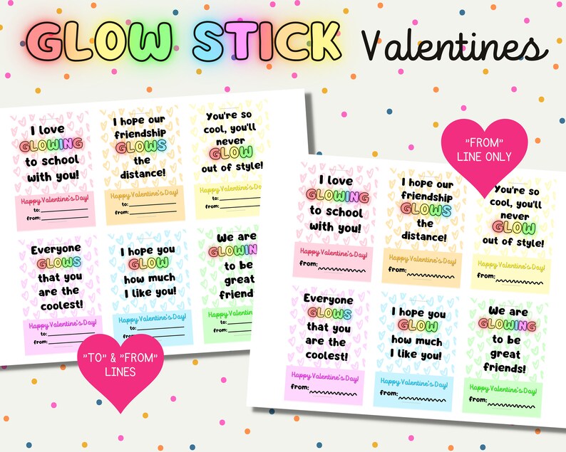 Glow Stick Valentines, Printable PDF Valentine Cards, US Letter 8.5x11 ...