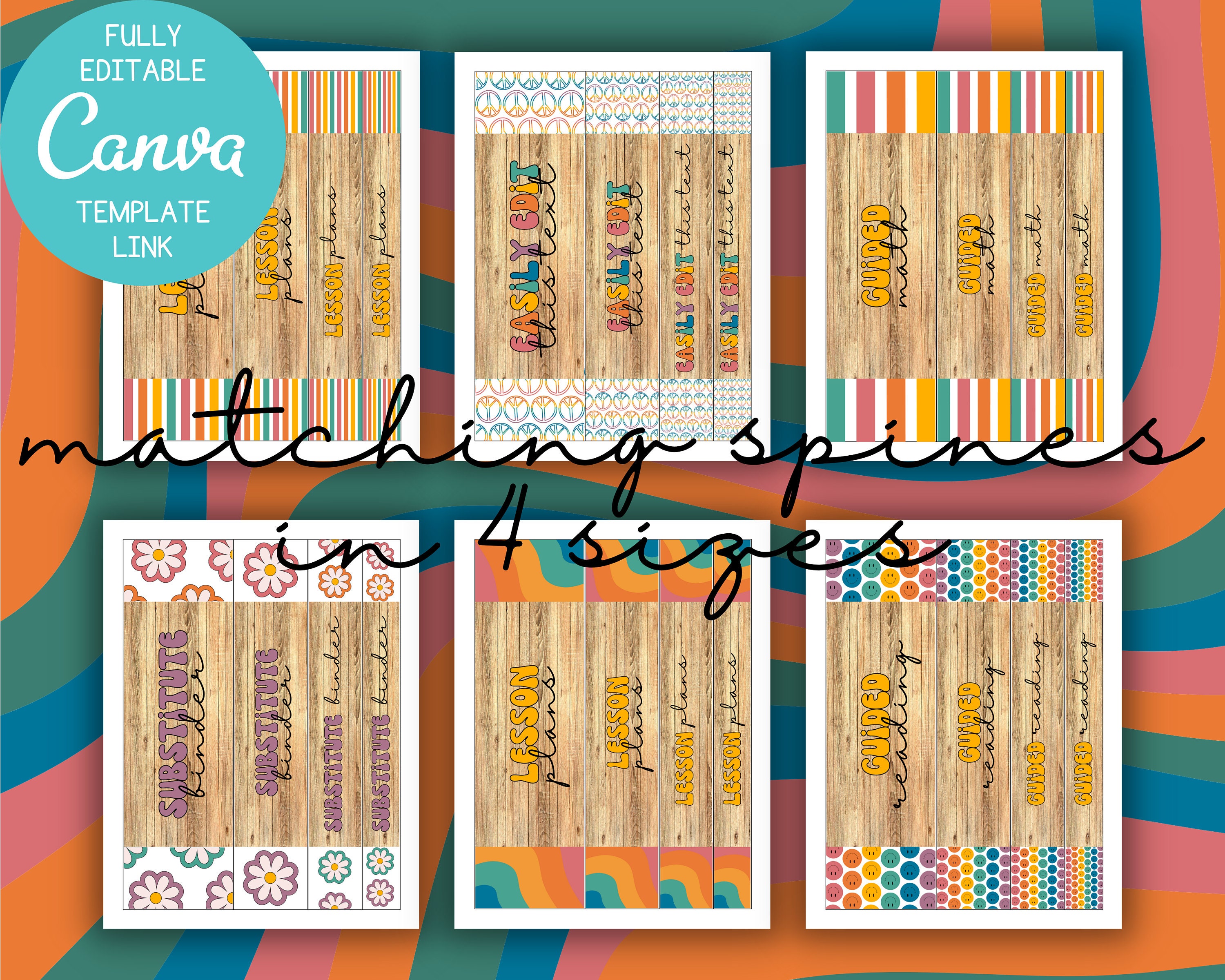 Groovy 70s Binder Covers & Spines, 6 Designs, Fully Editable Canva ...