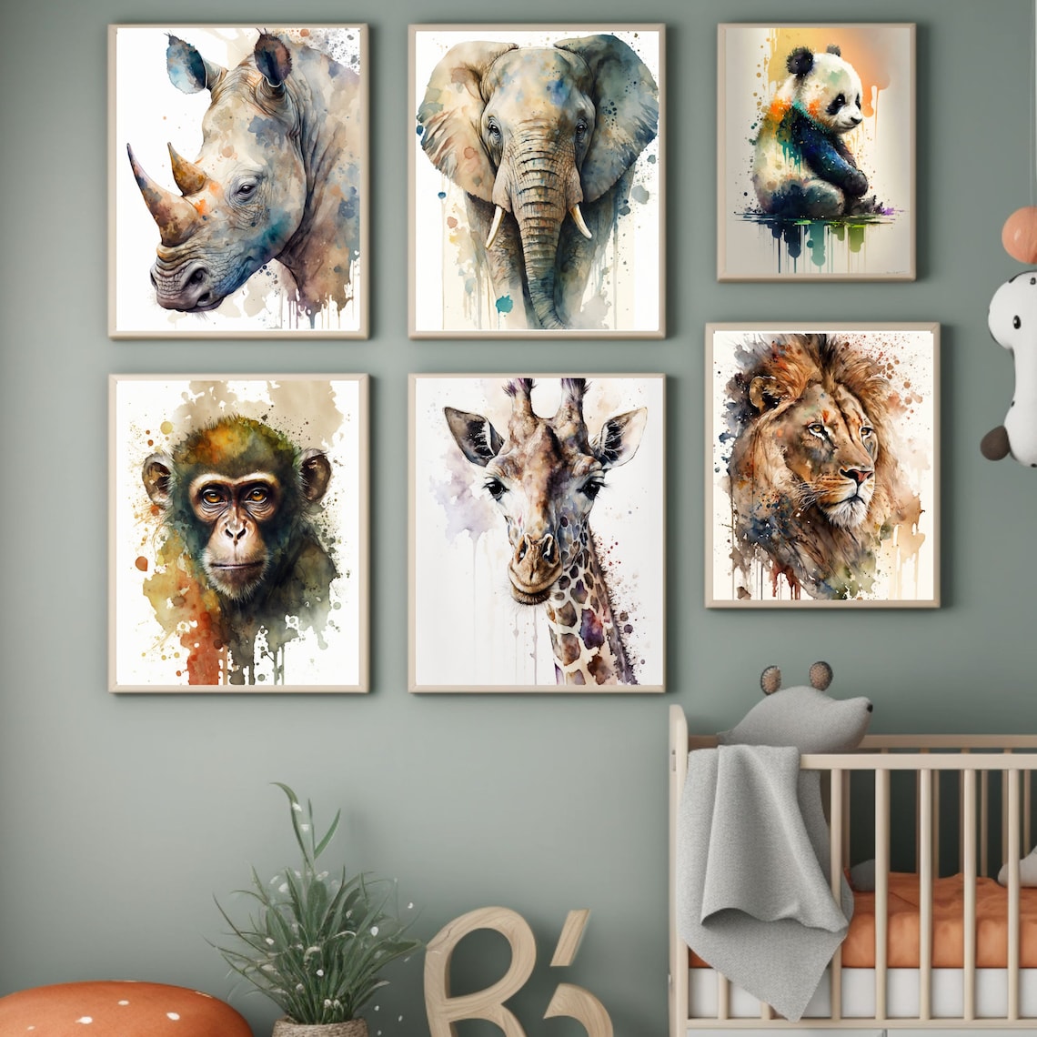 Set of 6 Safari Animals Watercolor Paintings Six Animal Watercolor ...