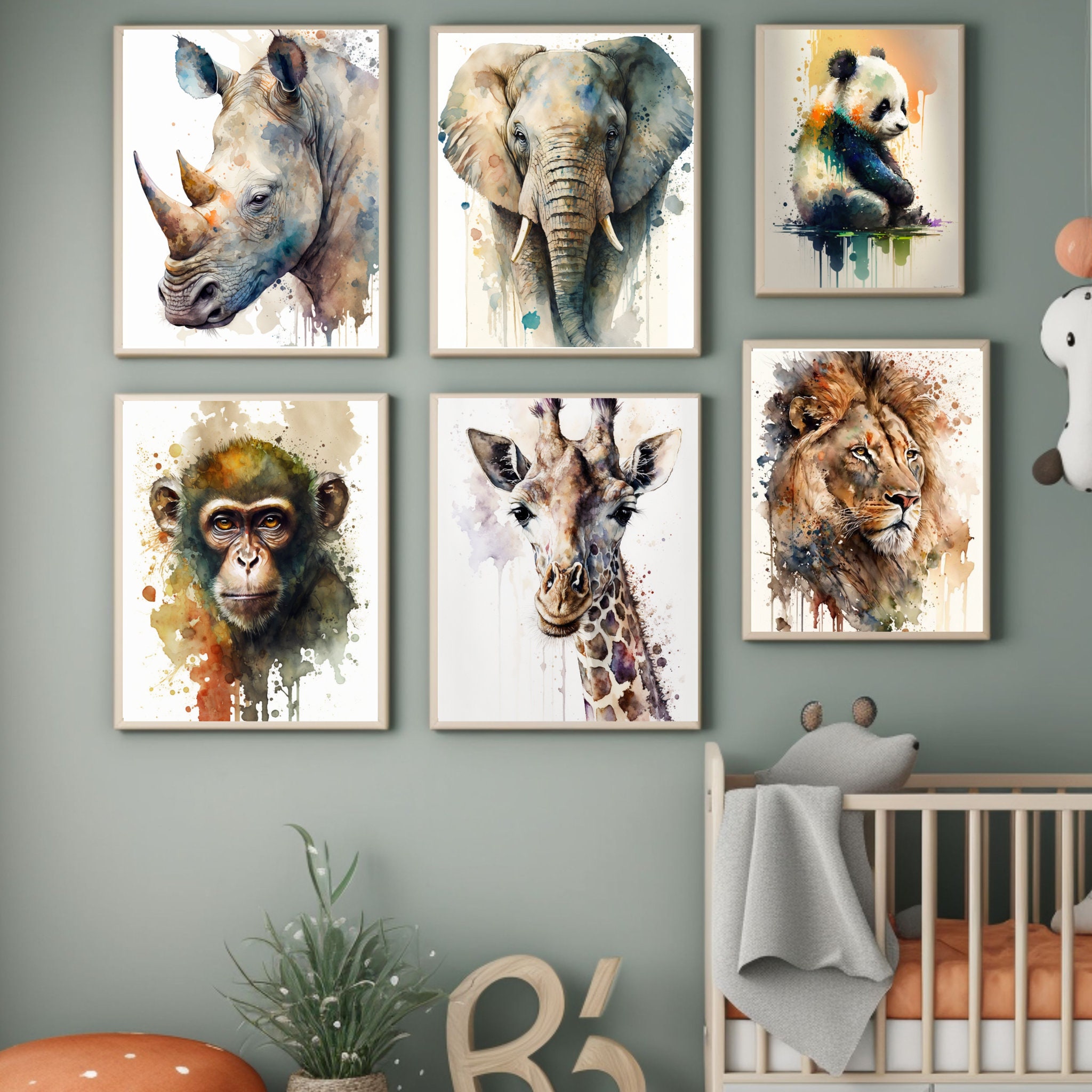 Set of 6 Safari Animals Watercolor Paintings Six Animal Watercolor ...