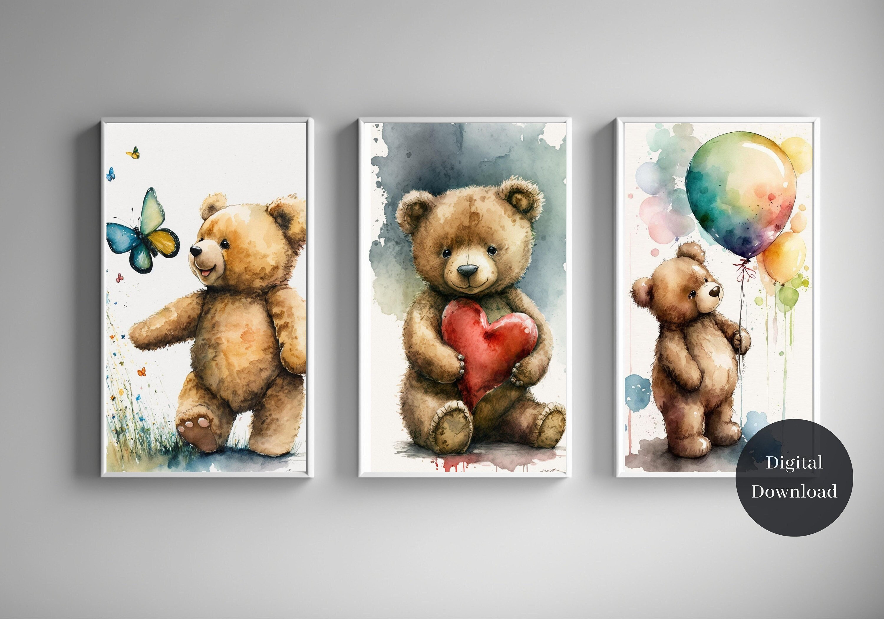 Set of 3 Cute Teddy Bears Nursery Watercolor Painting Printable Wall ...