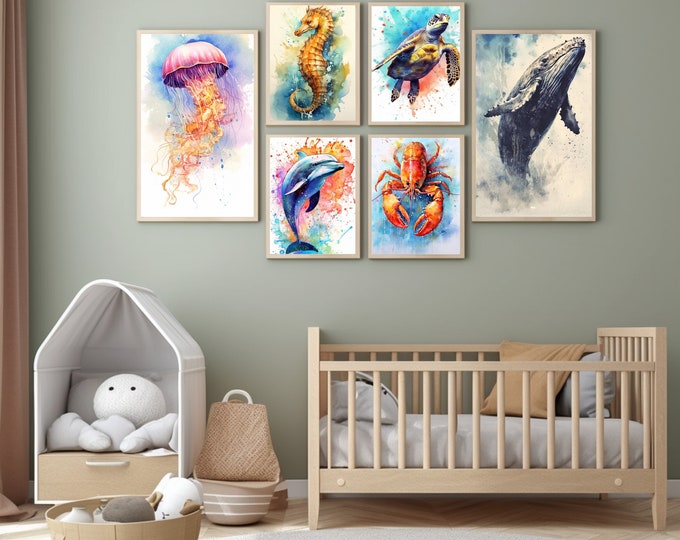 Lovely Sea Animals Watercolor Set, Nursery Prints, Nautical Clipart ...