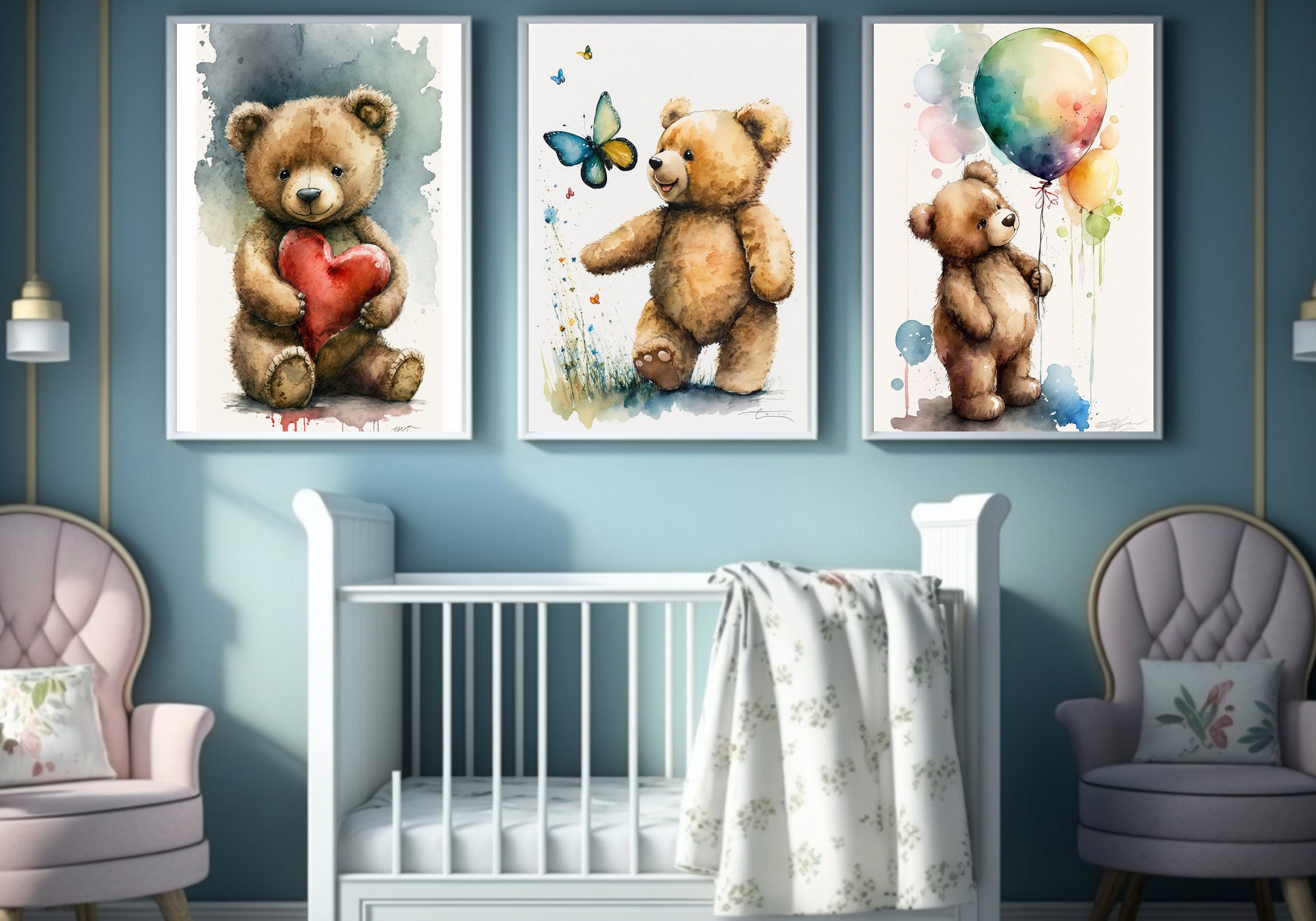 Set of 3 Cute Teddy Bears Nursery Watercolor Painting Printable Wall ...