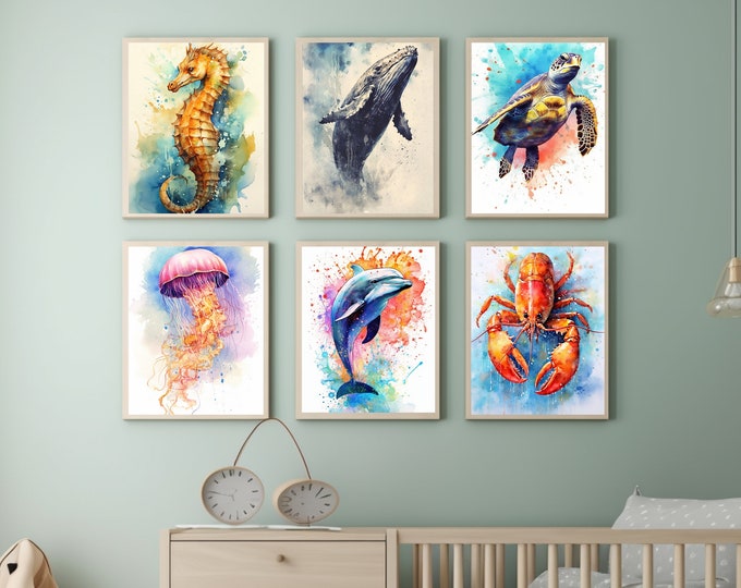 Lovely Sea Animals Watercolor Set, Nursery Prints, Nautical Clipart ...