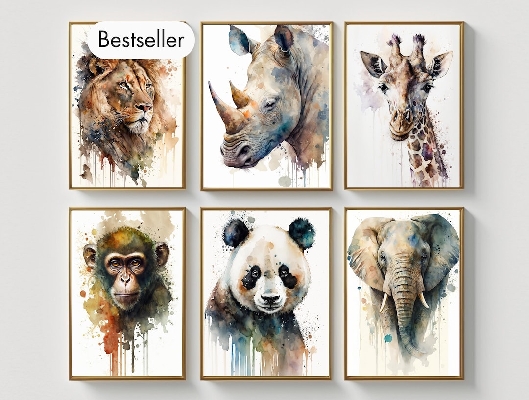 Set of 6 Prints Safari Animals Watercolor Paintings Six Animal ...