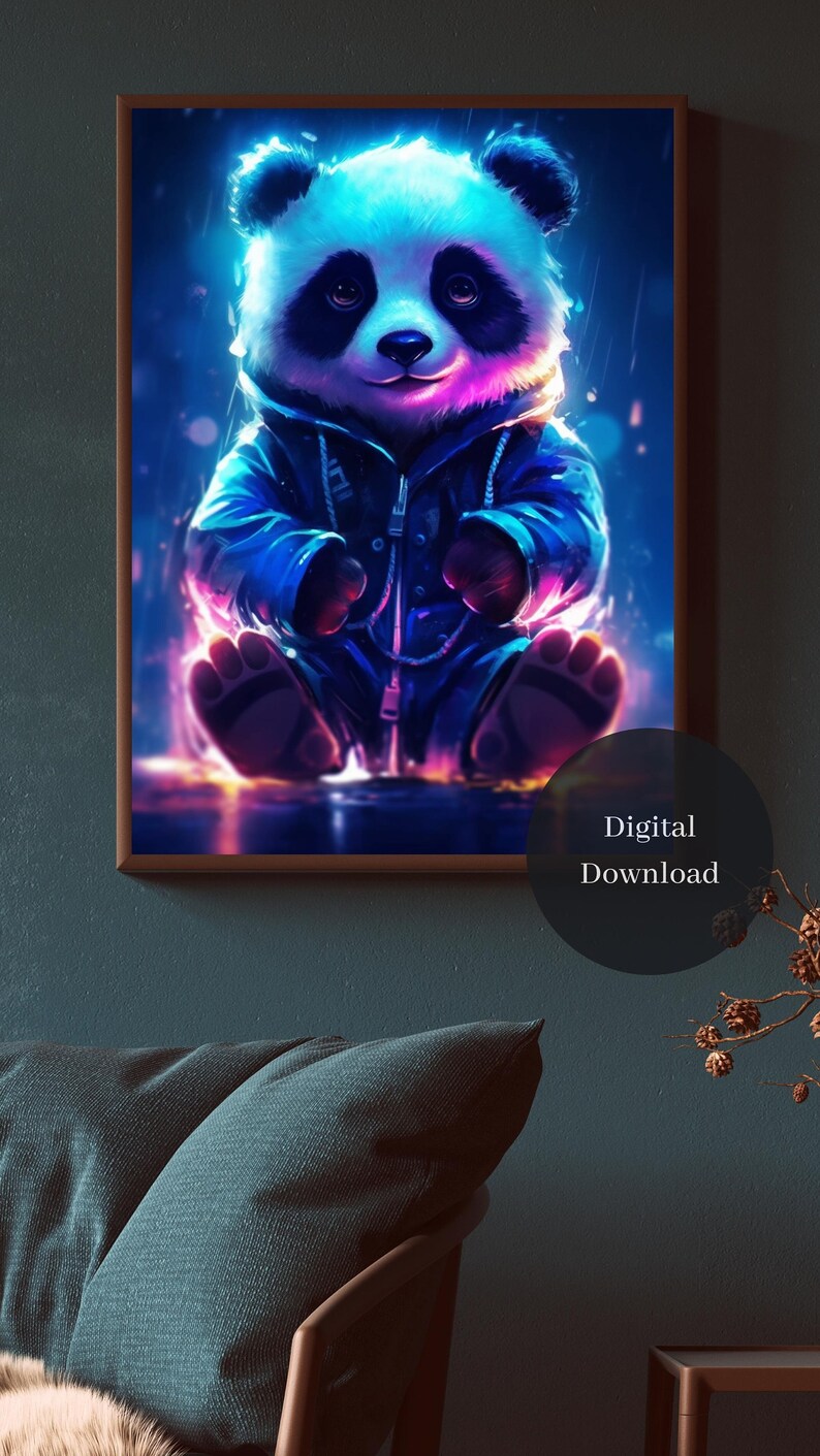 Cute Baby Panda, Digital Art Neon, Digital Download, Printable Wall Art ...