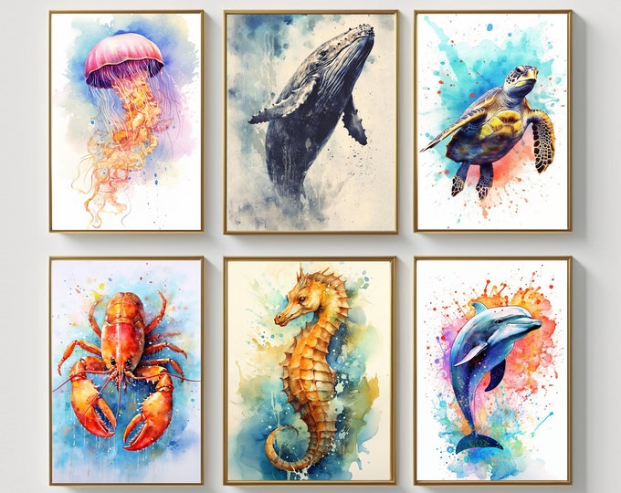 Lovely Sea Animals Watercolor Set, Nursery Prints, Nautical Clipart ...