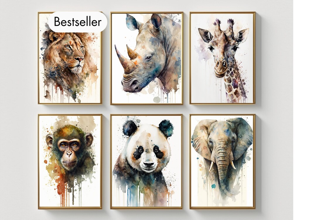 Set of 6 Safari Animals Watercolor Paintings Six Animal - Etsy