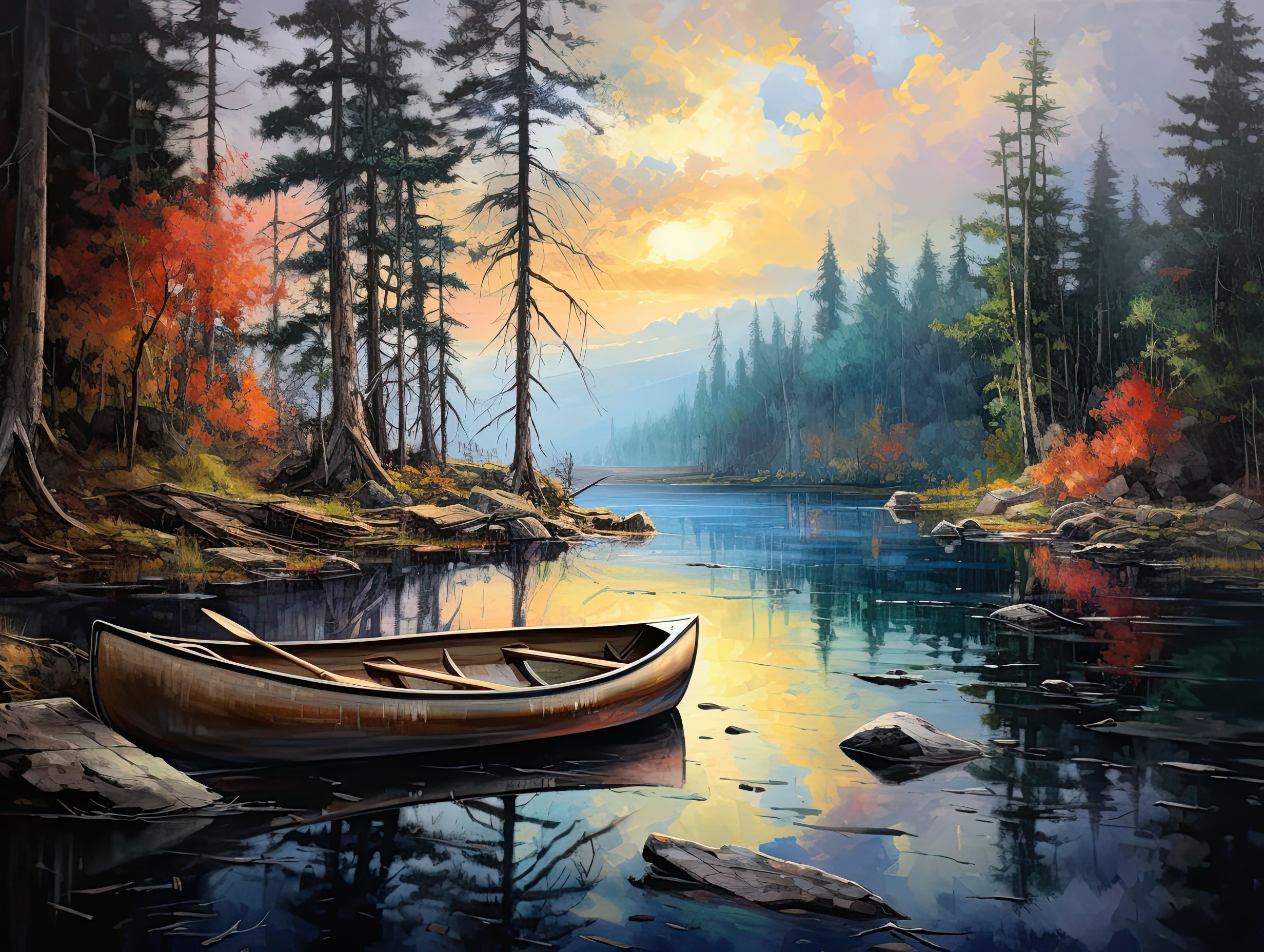 Canoe Painting Artwork Digital Download Painting Sunrise - Etsy