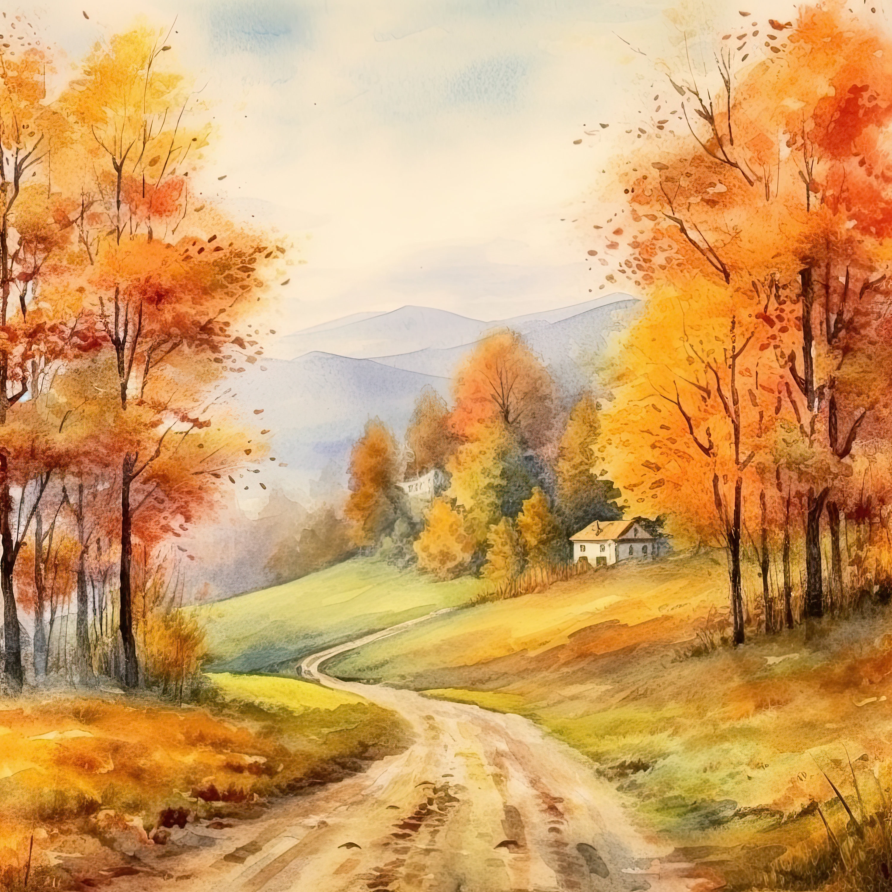 Original Watercolor Landscape Painting Digital Download, Fall Print ...