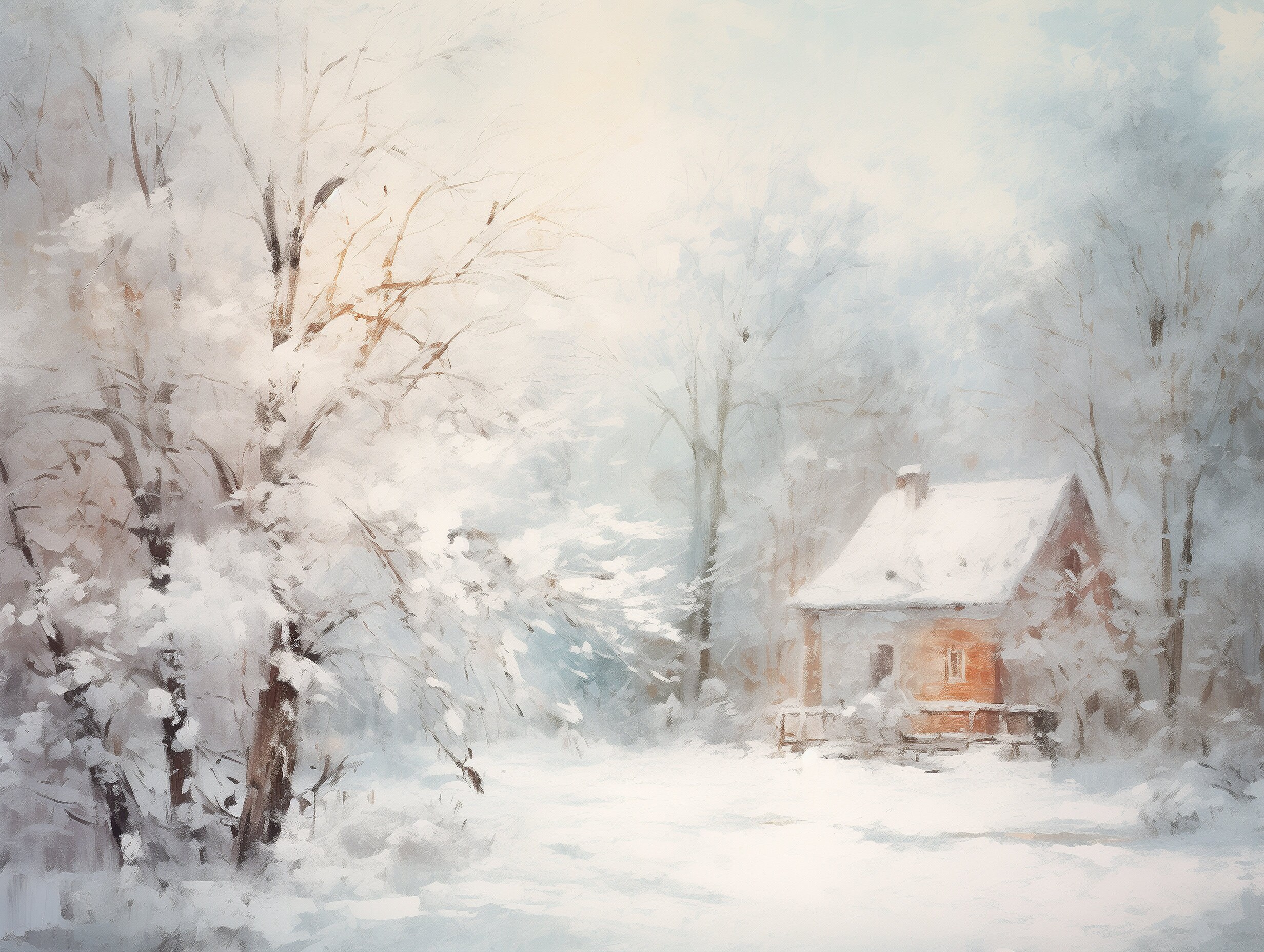 Enchanting Winter Solitude: Impressionist Snowscape Painting Wall Art Framed and Unframed Canvas ...