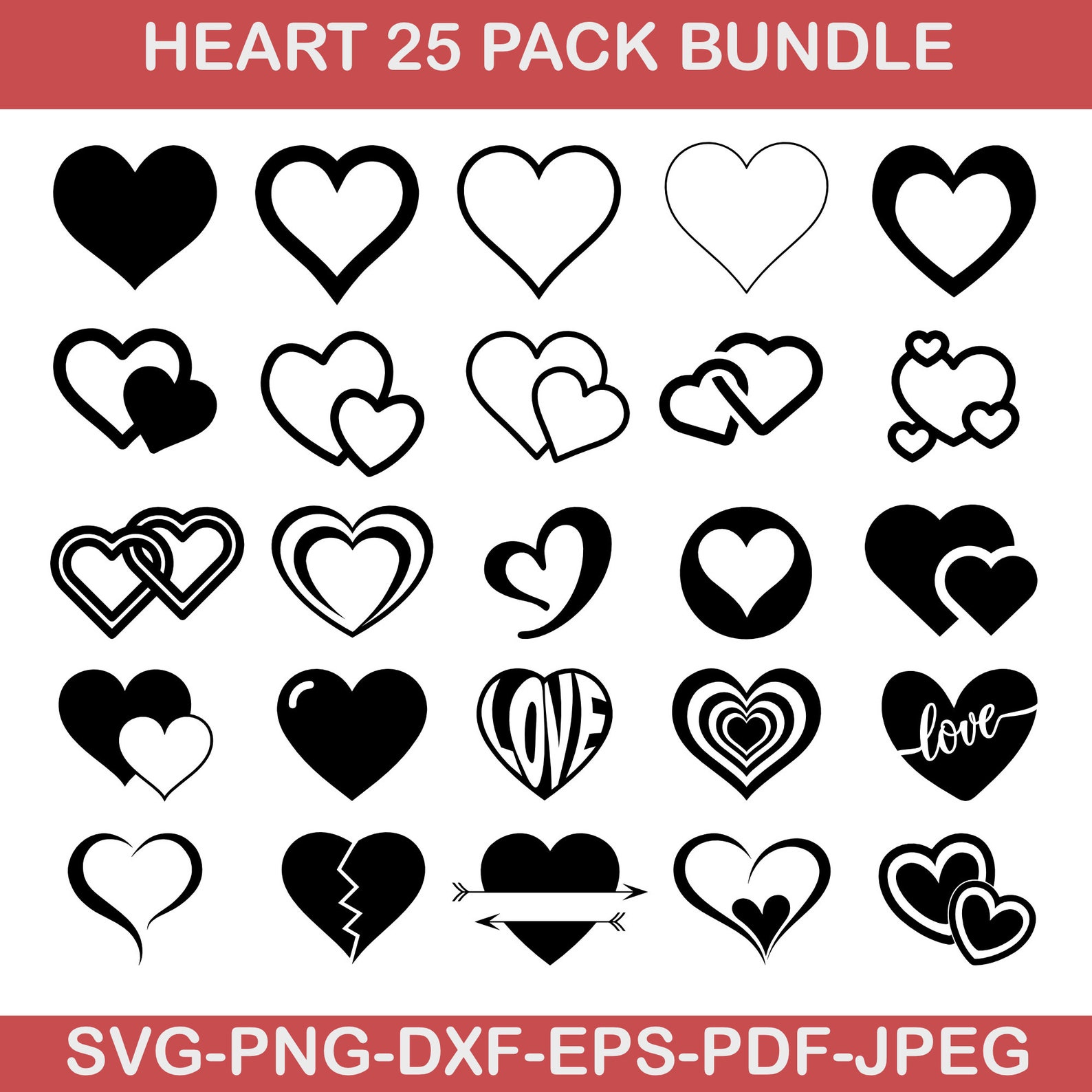 Heart SVG Bundle, Outline Heart SVG, Heart Cut Files, Heart Drawing for ...
