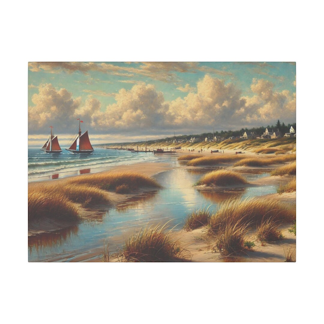 Canvas Print, Coastal Oceanfront Scene With Sailboats and Beach Front ...