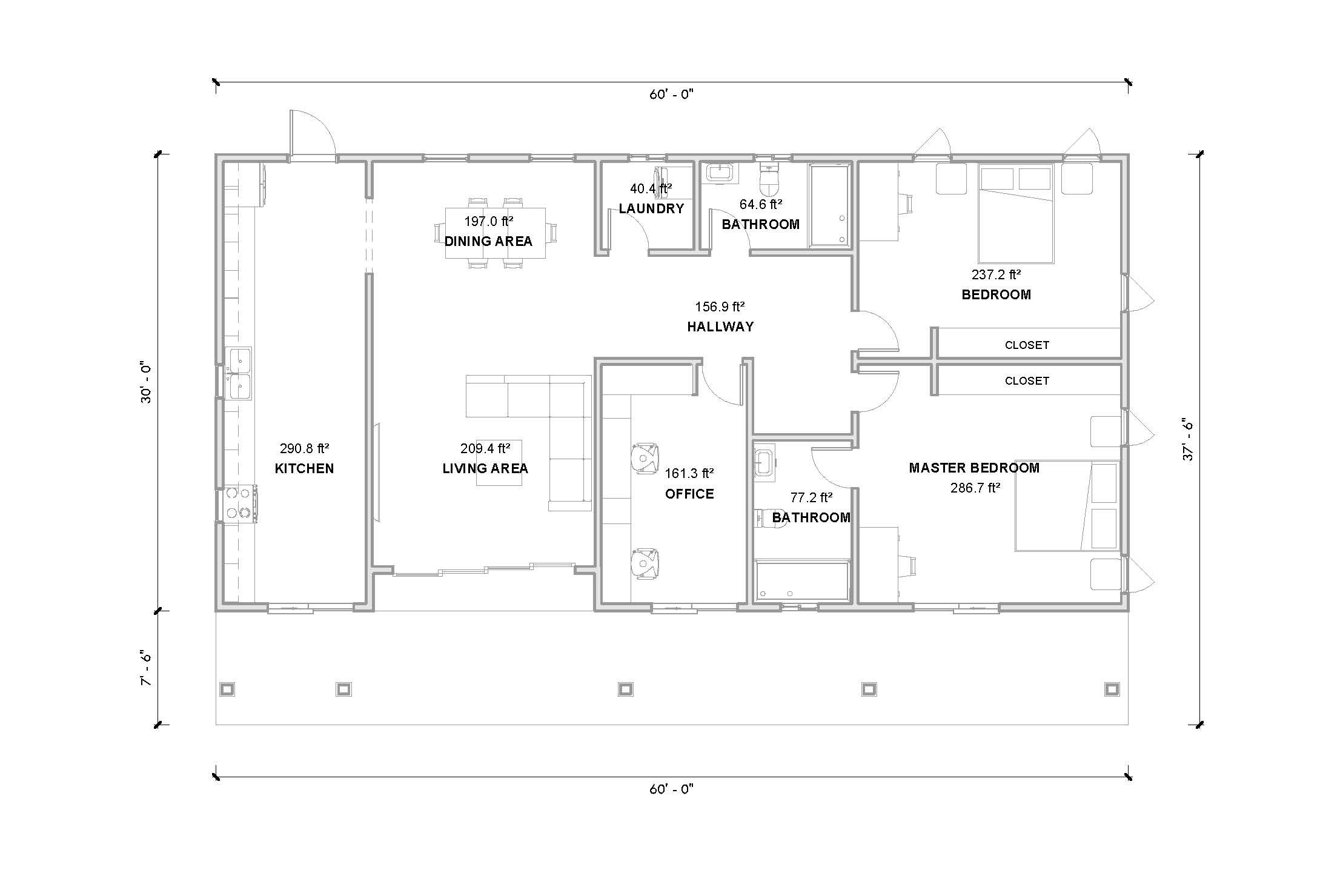 Barndominium, House Plan, 2 Bed, 2 Bath, Office, 1800 Sq Ft, 30x60 ...