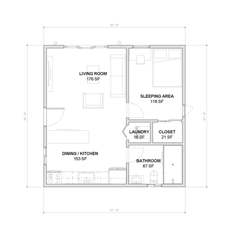 Tiny House Plan | 1 Bed 1 Bath | 576 Sq Ft Small Cabin | 24x24 ADU ...