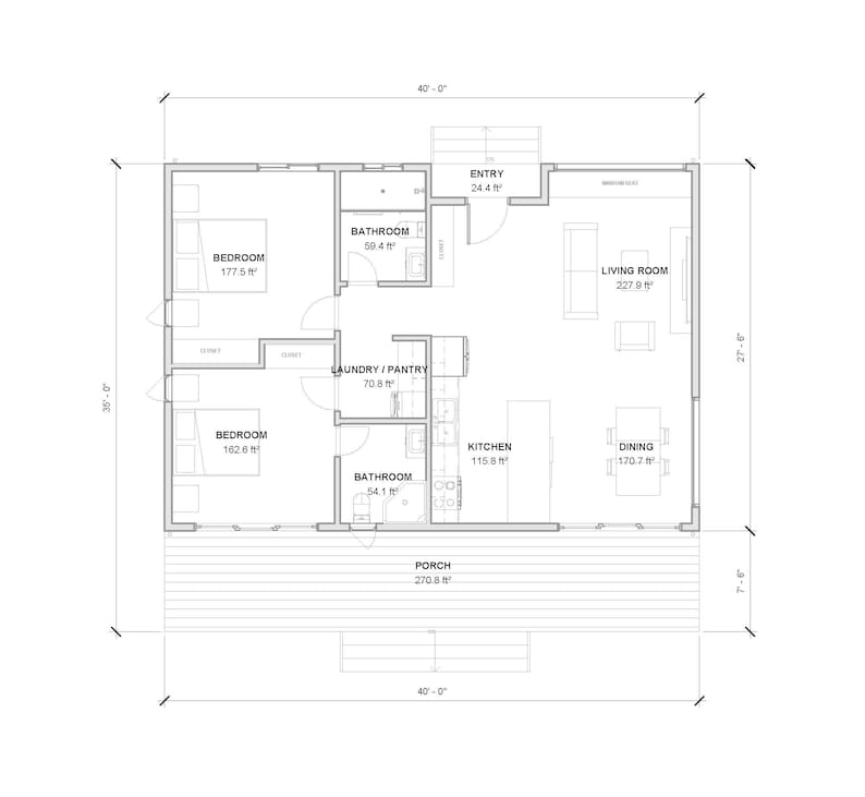 House Plan, 2 Bedroom 2 Bathroom, 1400 Sq Ft Tiny House Design, 40x35 ...
